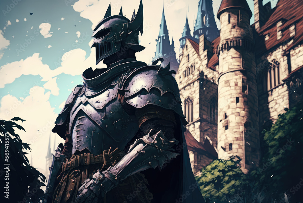 ภาพประกอบสต็อก fantasy knight standing in front of castle, digital art ...