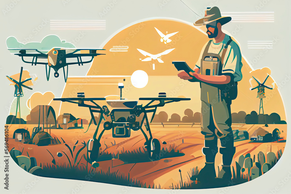 Cartoon farmer controlling drone in field. Smart farming scene in ...
