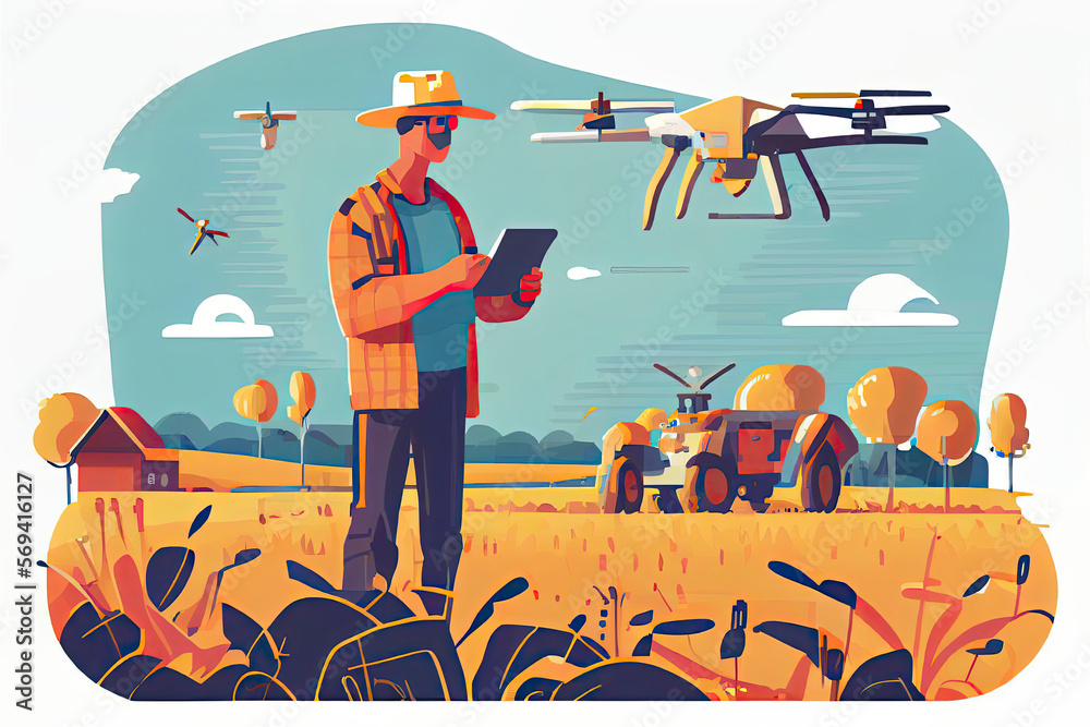 Cartoon farmer controlling drone in field. Smart farming scene in ...