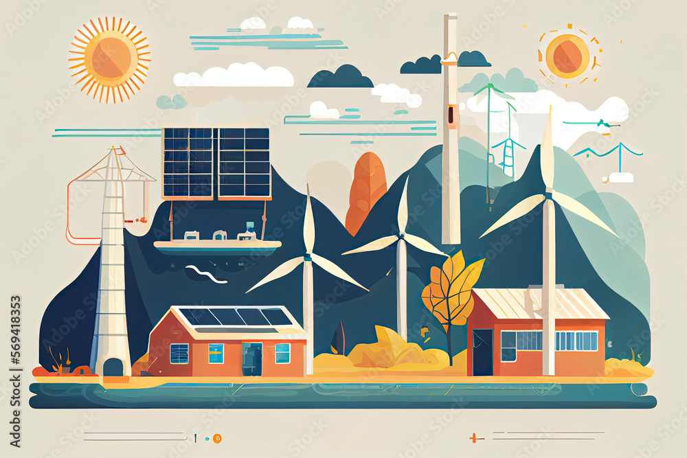Flat vector illustration is showing alternative clean energy sources ...