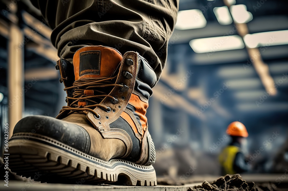 Close-up safety working shoe on a worker feet is standing at the ...