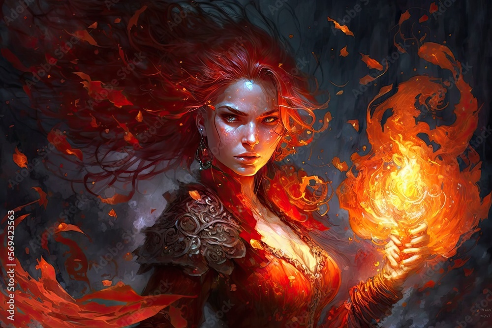 A sorceress with hair of scarlet red, casting powerful fireballs of red ...