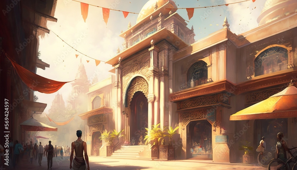 Grand royal palace. Middle east city street in ancient times background ...