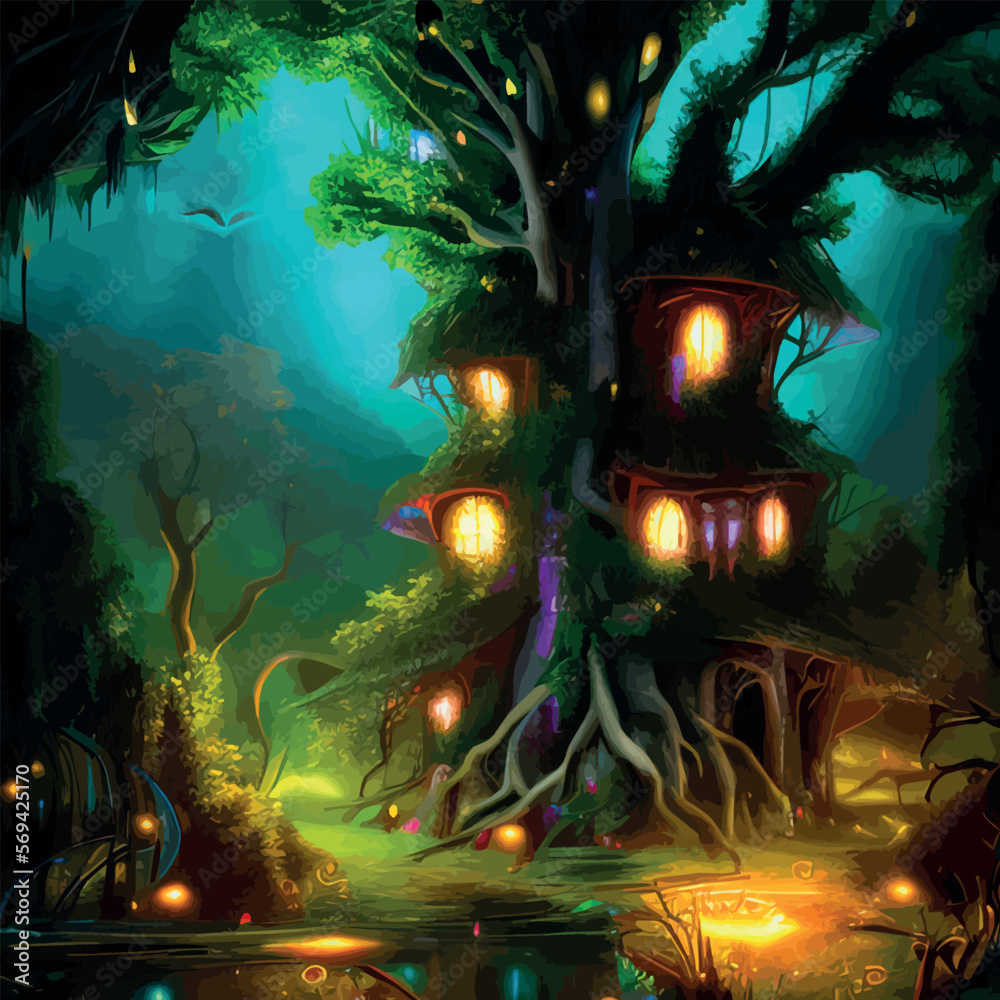 Fairy-tale house in a tree with a roof intertwined. Square flat cartoon ...