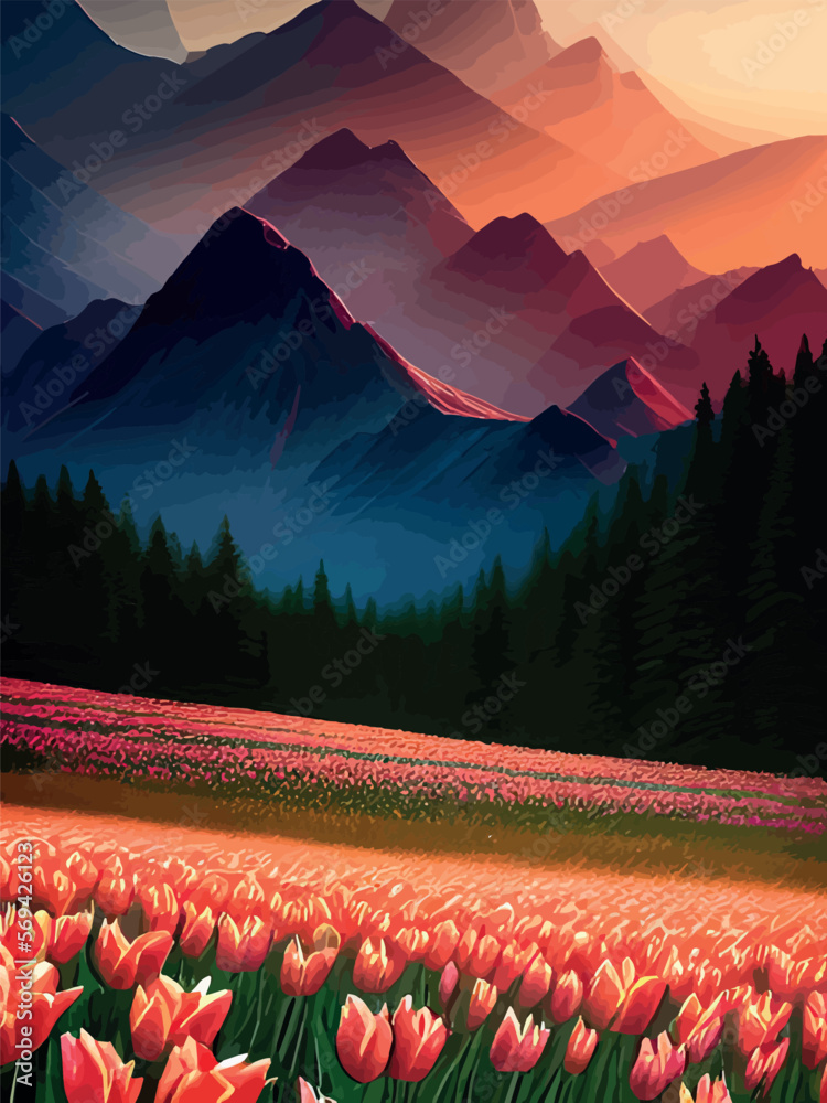 Vector spring background. Dutch landscape with tulip field, trees ...