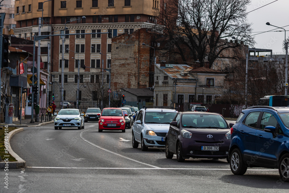 Car traffic at rush hour in downtown area of the city. Car pollution ...
