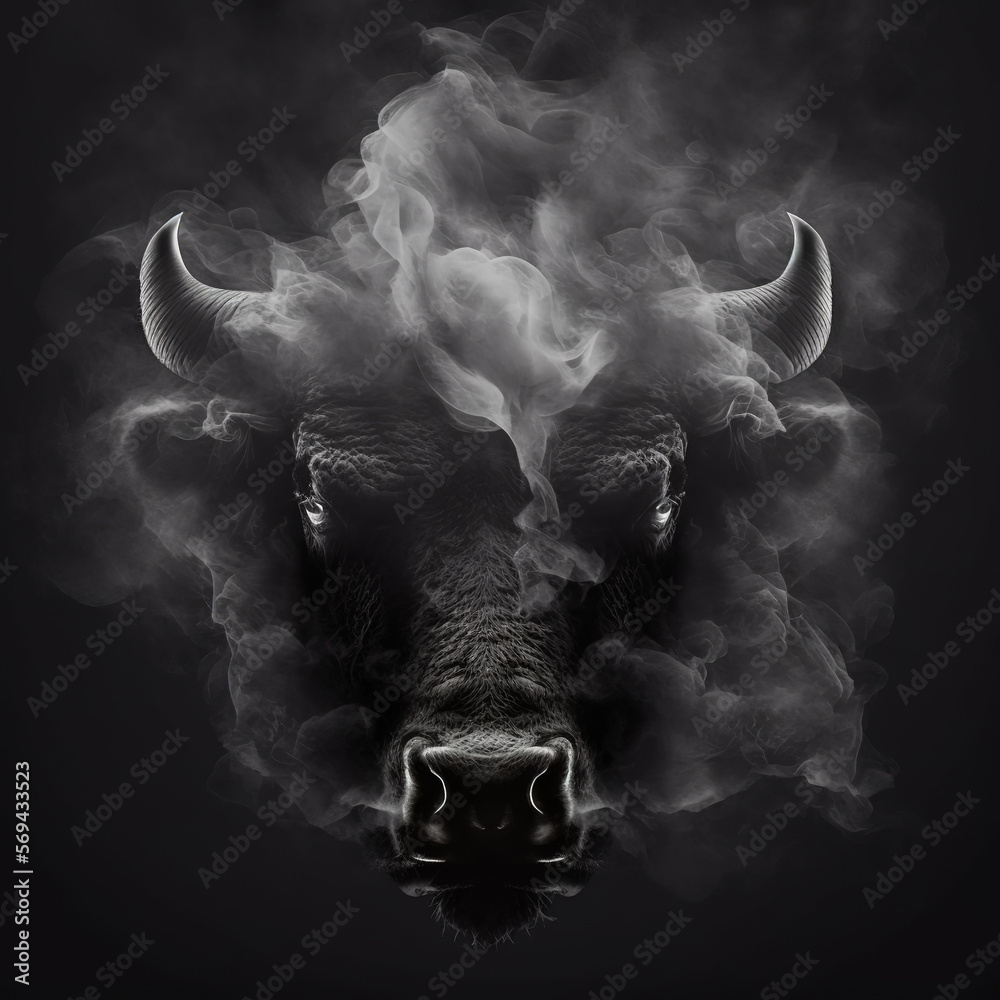 Bull with wisps of white smoke offering an elegant and mysterious ...