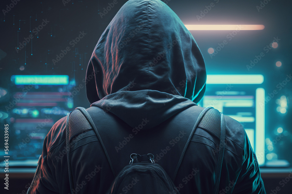 Computer hacker in black mask and hoodie. Obscured dark face. Data ...