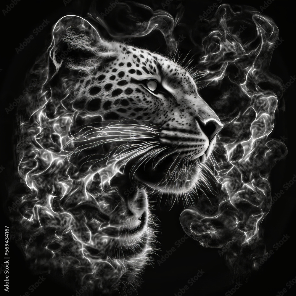 A spectral leopard head formed of visually striking white smoke on a ...