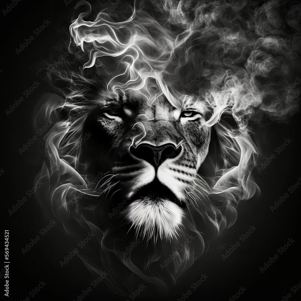Stunning white smoke lion head on a minimalist black bg. Mystery and ...
