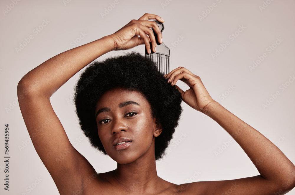 Afro comb, black woman and portrait of a model with hair care, salon ...