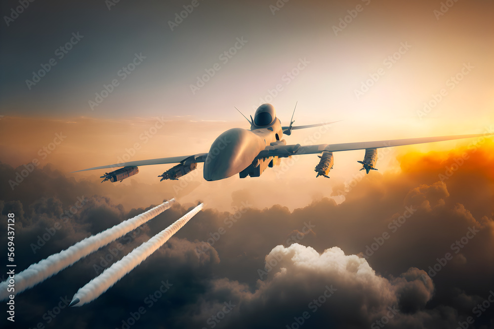 Military uav combat drones launch homing missiles at targets in the sky ...