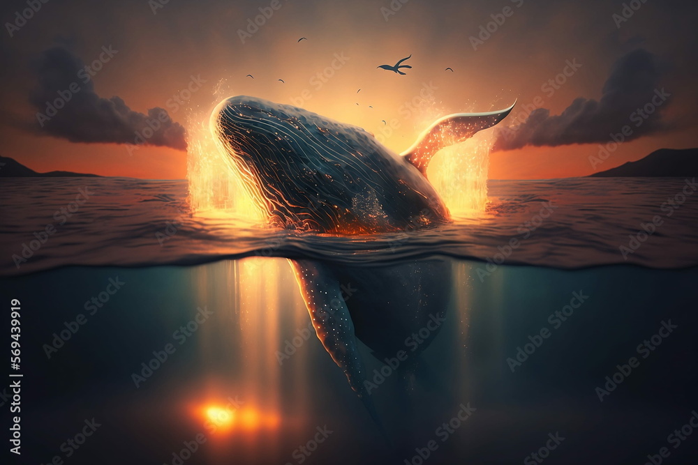 The Glow of a Giant Whale Under the Setting Sun Stock Illustration ...