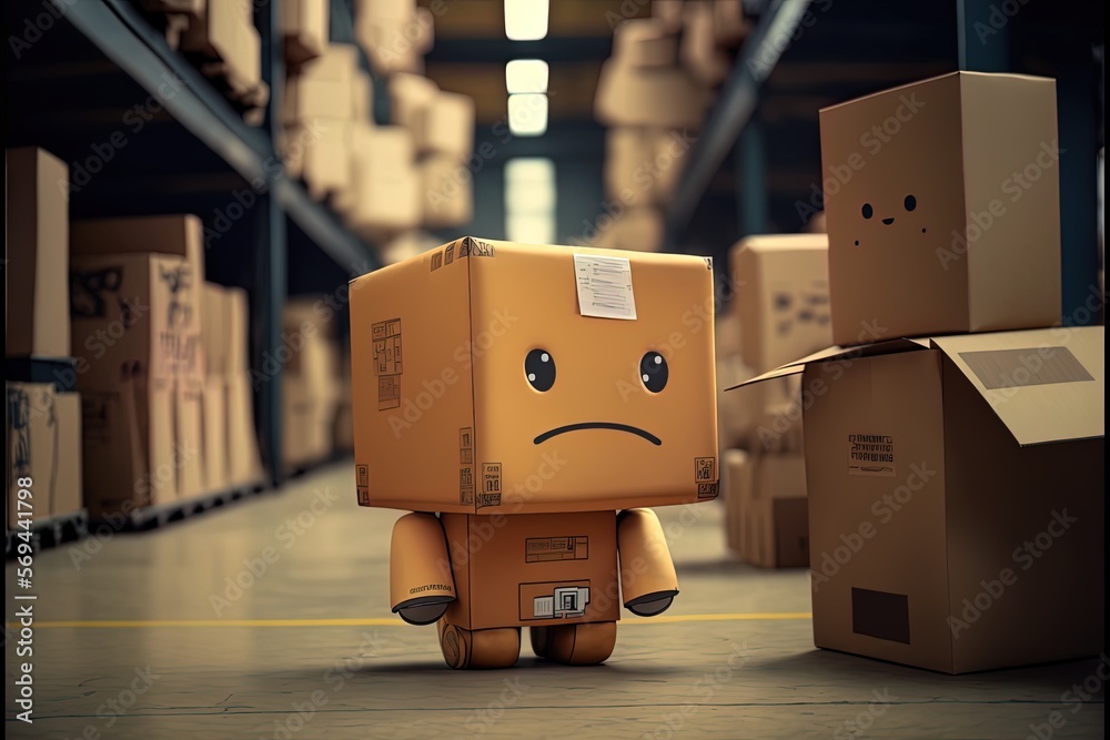 Sad delivery box cartoon character in a store. Concept: Problems with ...