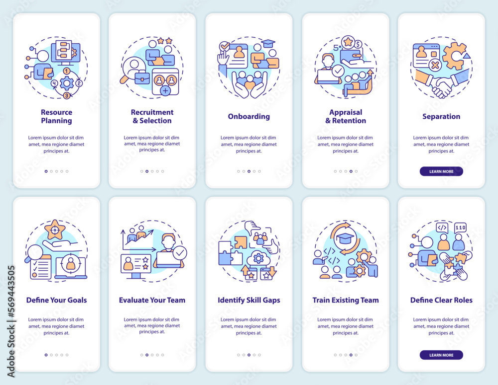 Information technology staffing onboarding mobile app screens set. IT ...