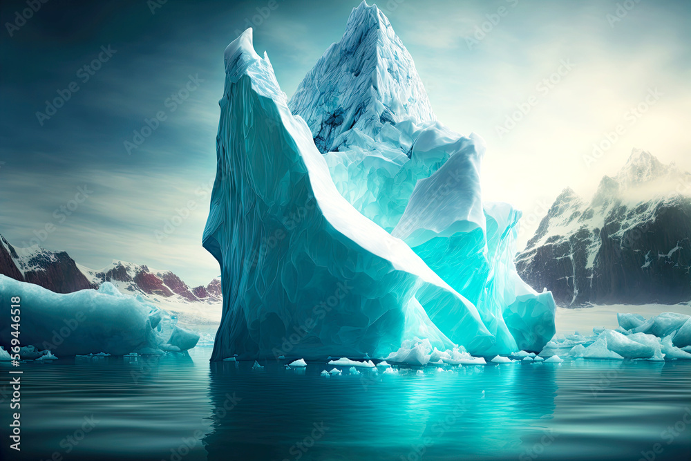 floating iceberg with snow-white top and sharp dangerous peaks of ice ...