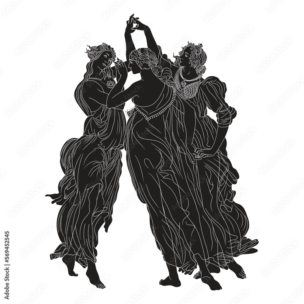 Three young slender girls in transparent tunics are dancing with their ...