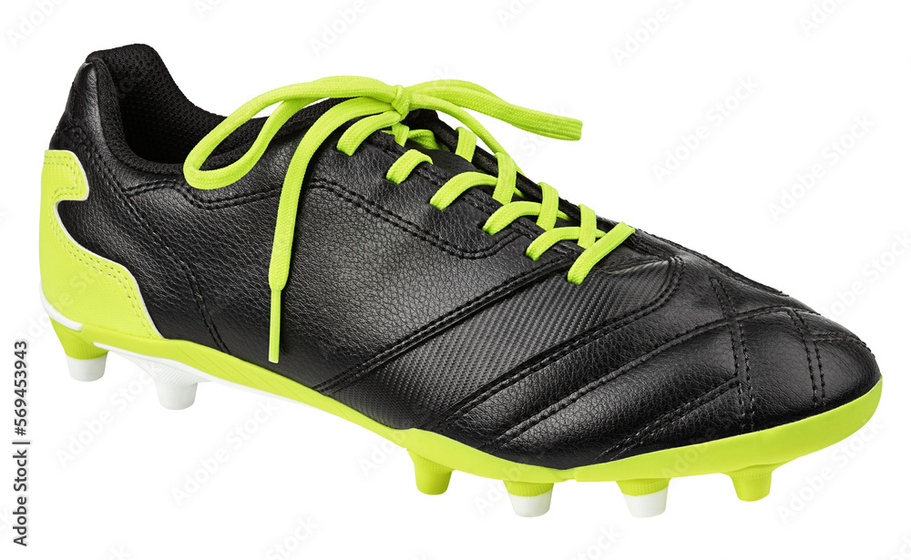 Single black leather football shoe or soccer boot isolated on ...