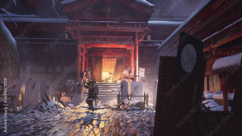Japanese Temple on Fire, last Samurai defend it with Sword, 3D ...