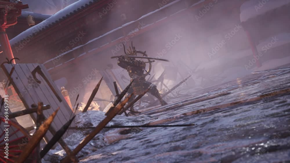 Samurai Warrior with Big Sword, defend Japanese Temple from attack, 3D ...
