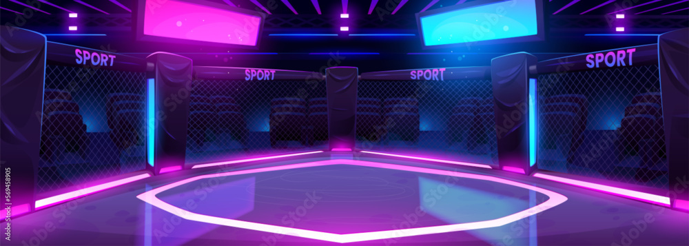 Cartoon boxing ring illuminated with neon lights. Vector illustration ...