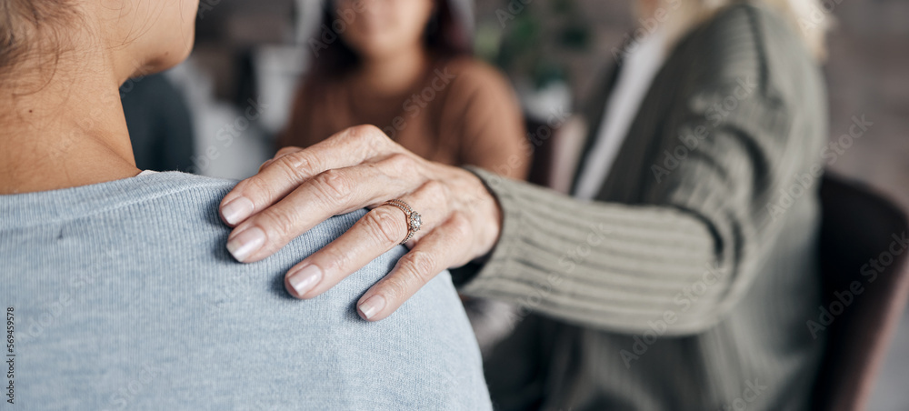 Closeup, hand and old woman support friend, solidarity and community ...