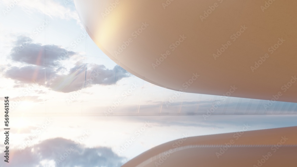 Architecture interior background room with curved panoramic window 3d ...