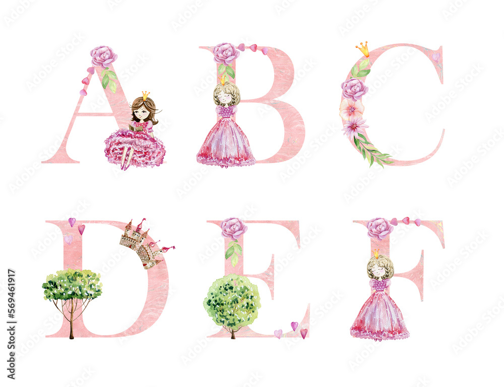 Watercolor letters with princesses for invitation card, nursery poster ...