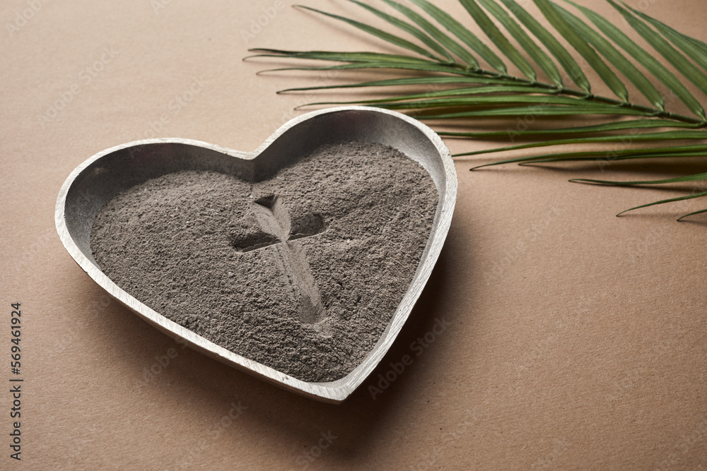 Ash wednesday, crucifix made of ash, dust as christian religion. Lent ...