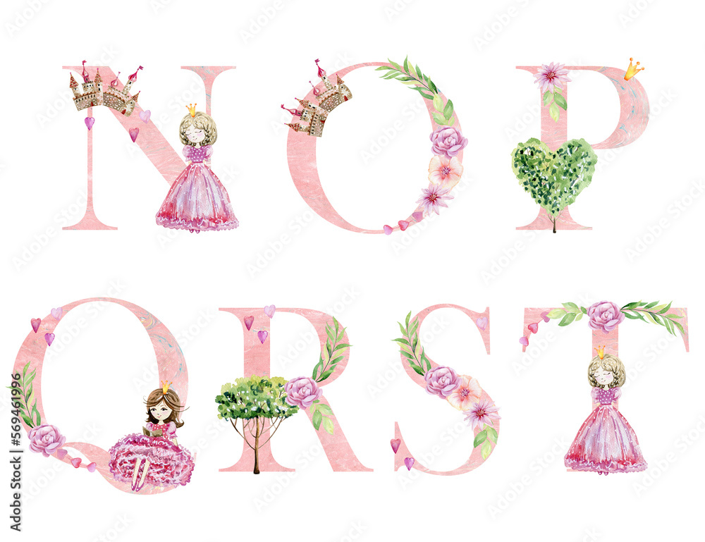 Watercolor letters with cute princesses for invitation card, nursery ...