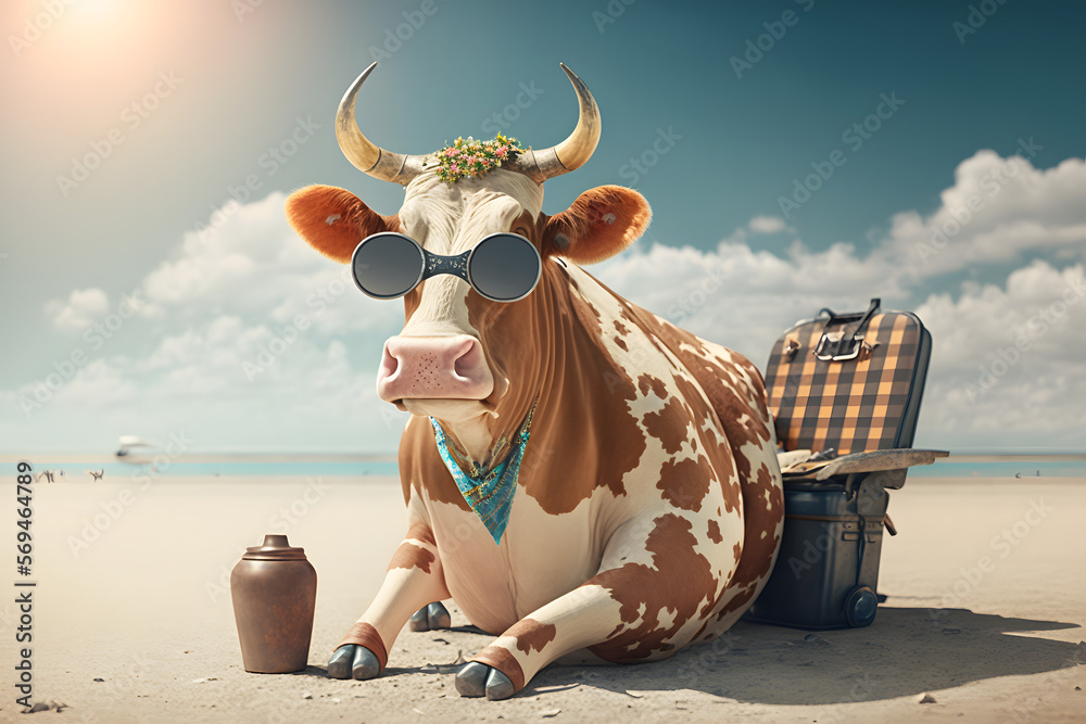 Portrait d'une vache en vacances à la mer » IA générative Stock ...