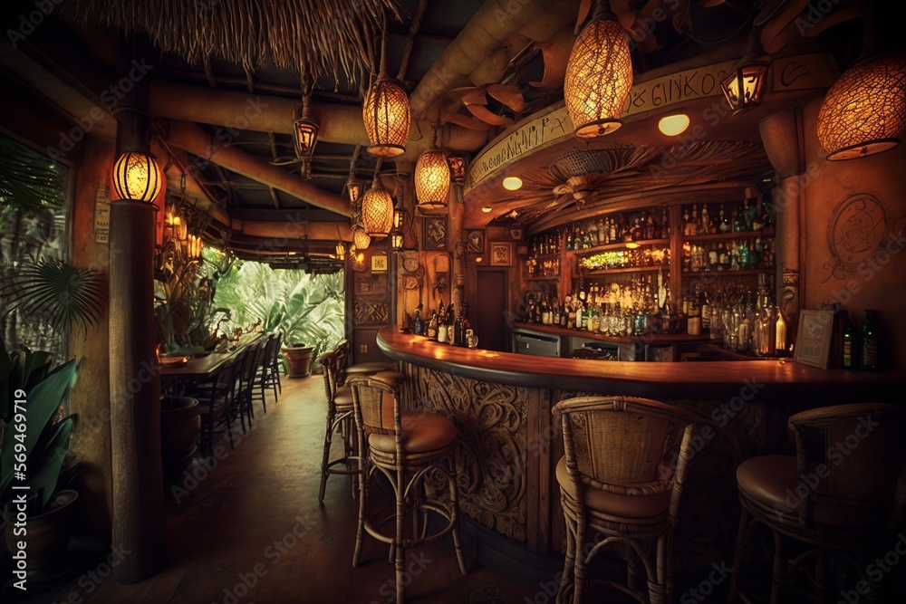 Rumpus tiki Hawaiian vibe bar interior by the ocean Stock Illustration ...