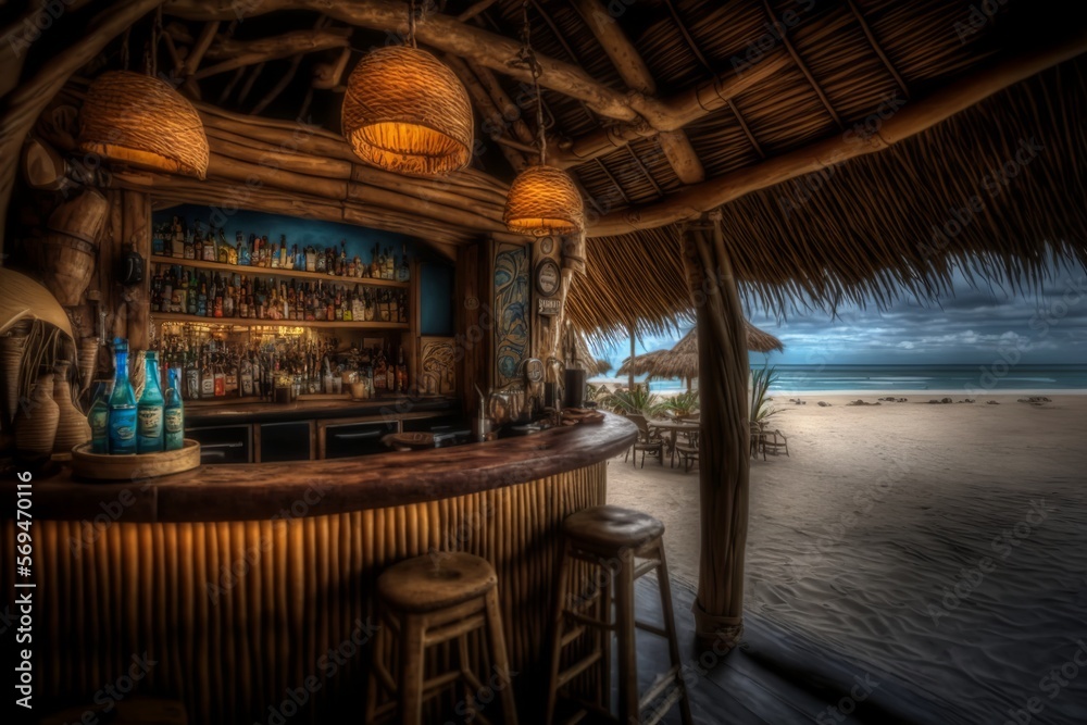 3d render from imagine summer beach bar in the sand with the sea beach ...