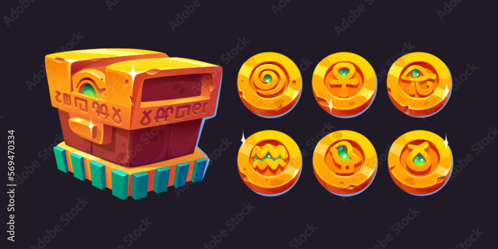 Ancient Egyptian treasure chest and gold coins. Game icons of closed ...
