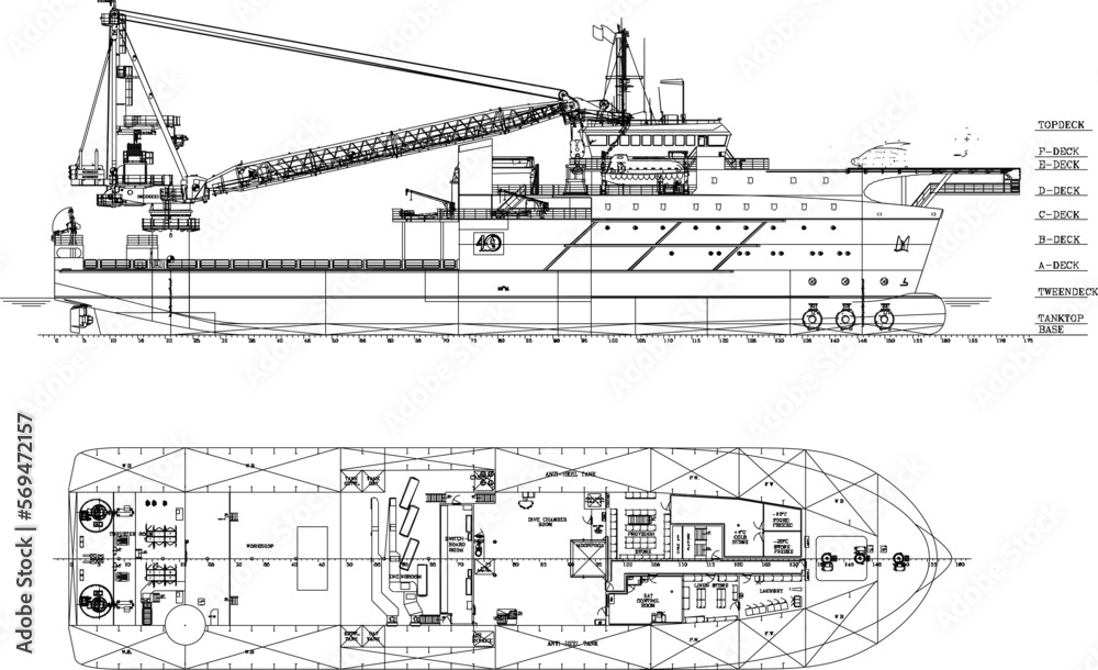 Detailed vector sketch illustration of a cargo resque ship with crane ...