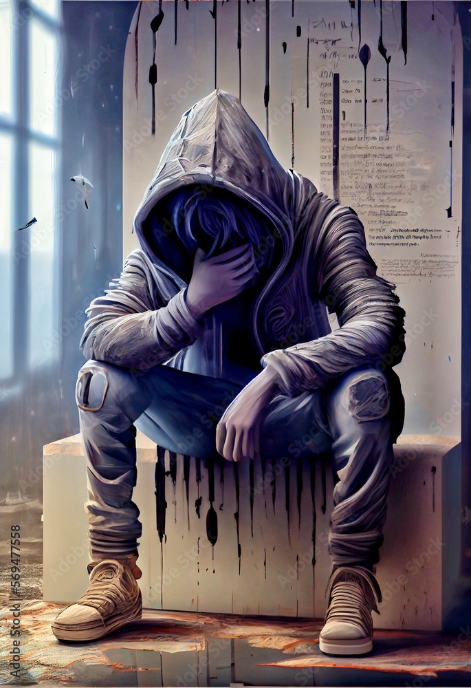 closeup of depressed boy - Generated AI Stock Illustration | Adobe Stock