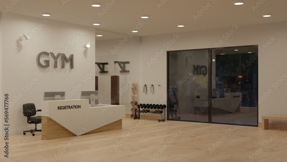 Modern gym lobby interior design with registration counter and sport ...