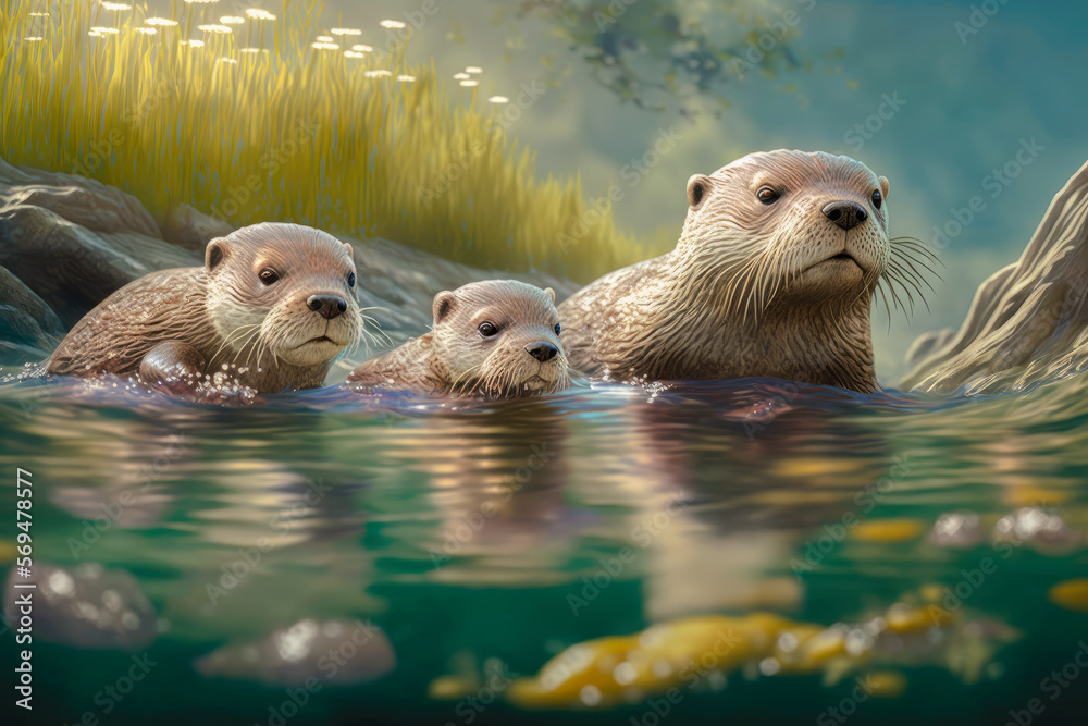 A family of otters, Lutrinae subfamily, swimming and playing in a river ...
