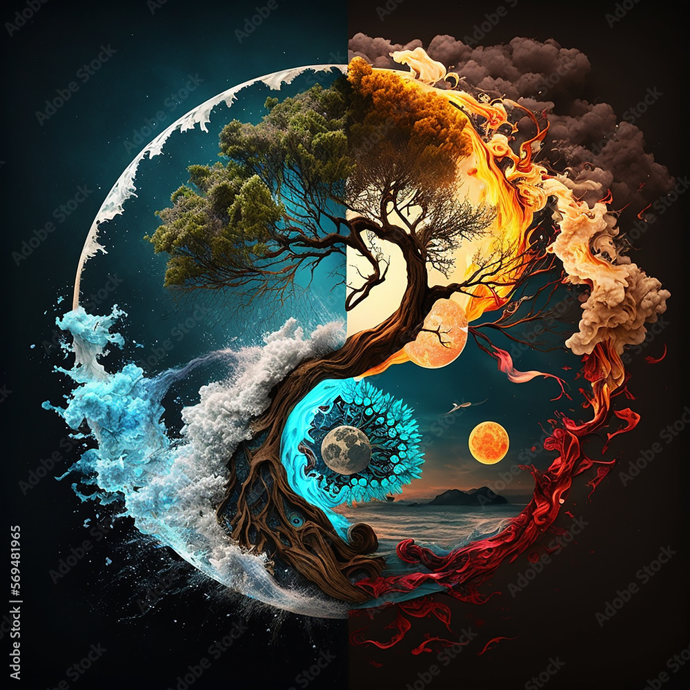 The four elements yin and yang earth tree of life Stock Illustration ...