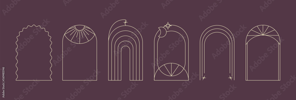 Minimal geometric line art arch frames. Boho linear arcs for logo, icon ...