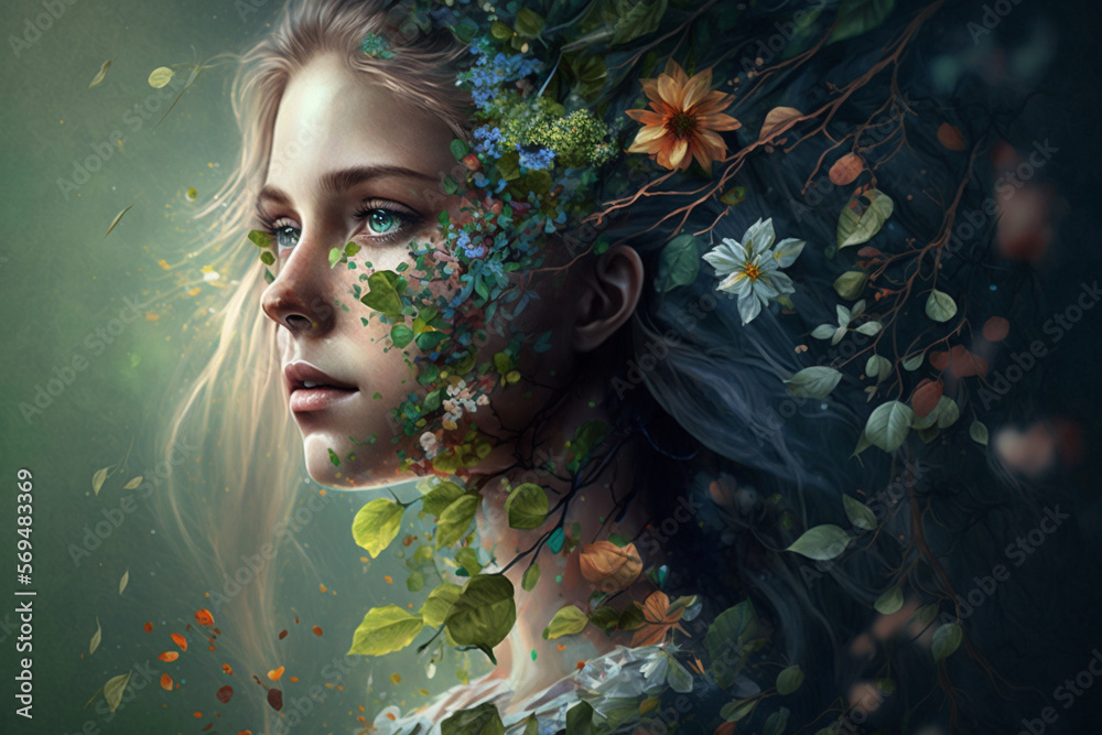 Beautiful girl symbolising Mother nature concept seamlessly merged with beautiful face portrait ...