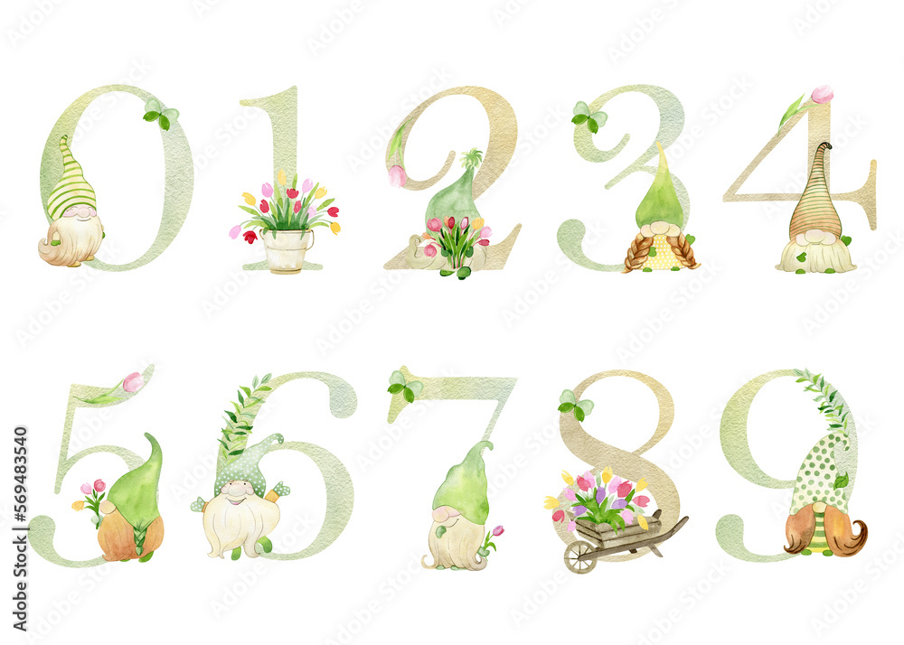 Watercolor numbers with spring gnomes for invitation card, nursery ...