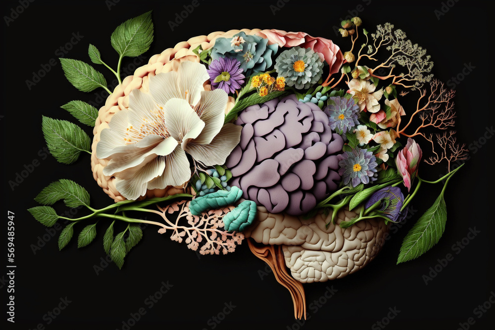 Human brain with spring flowers, symbolising mental health and self ...