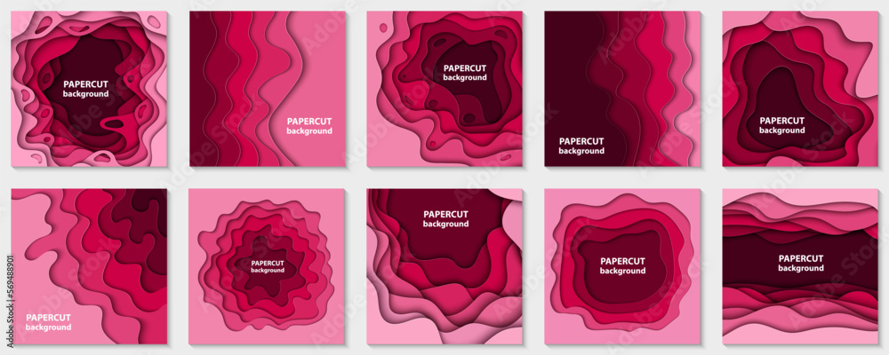 Vector collection of 10 backgrounds with magenta color paper cut shapes ...