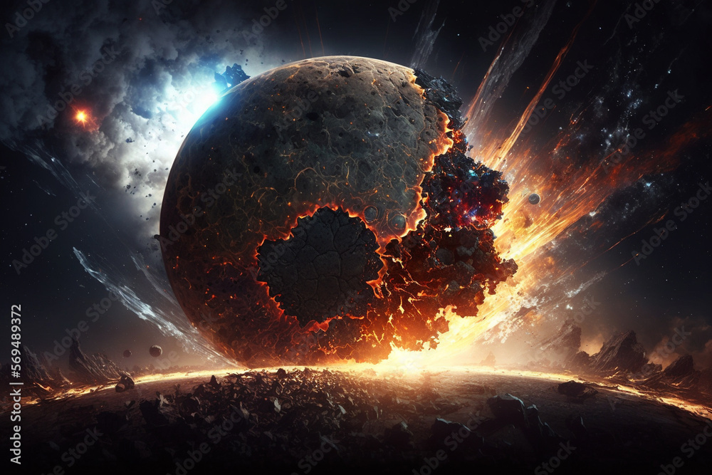 The Cosmic Cataclysm. Giant asteroid colliding with a planet or Earth ...