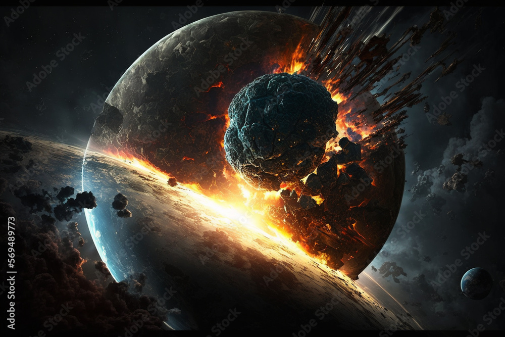 The Cosmic Cataclysm. Giant asteroid colliding with a planet or Earth ...