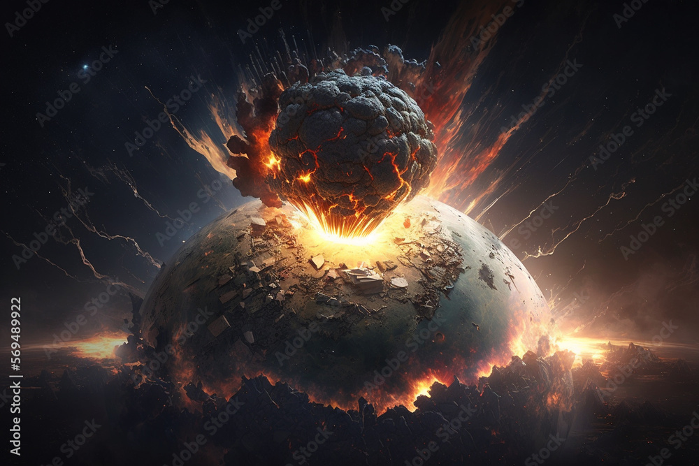 The Cosmic Cataclysm. Giant asteroid colliding with a planet or Earth ...