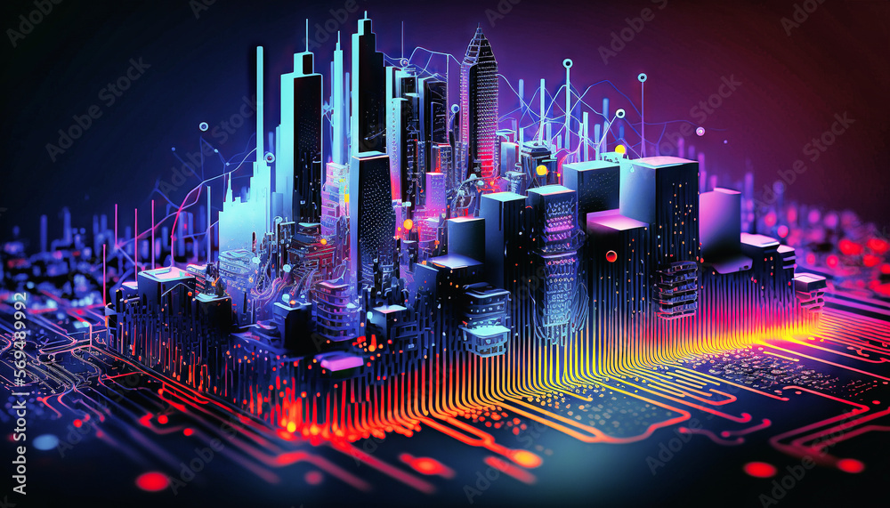 Smart city on circuit board background. Futuristic cyberspace concept ...