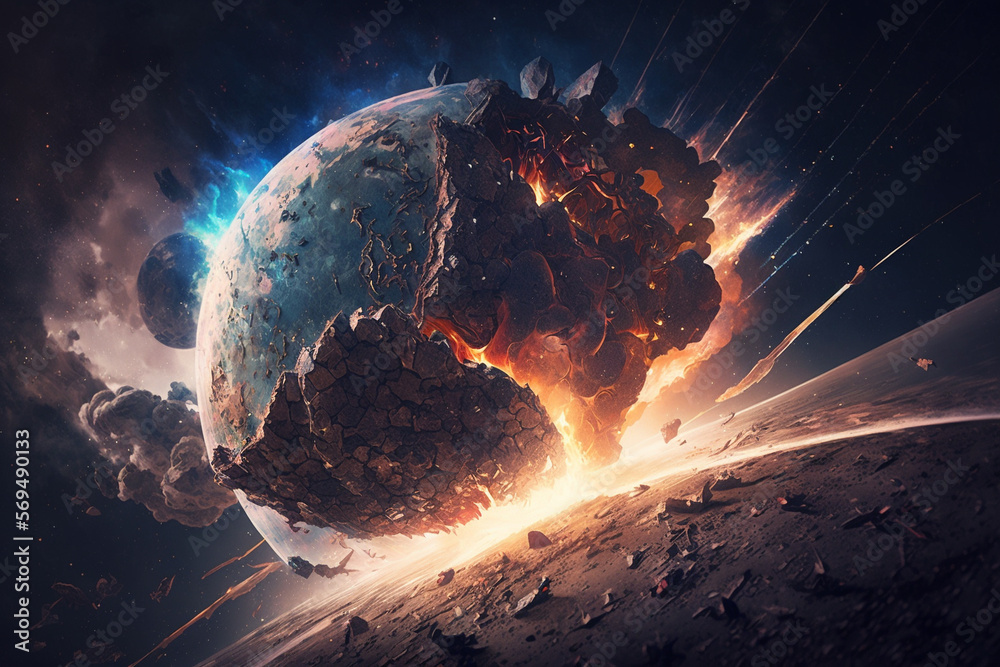 The Cosmic Cataclysm. Giant asteroid colliding with a planet or Earth ...