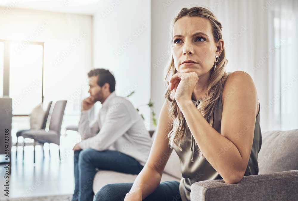 Angry, ignore and couple on sofa in fight, divorce or depression for ...